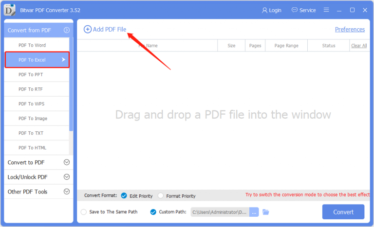 Step 2 . Choose PDF to Excel on the left side of the main interface and ...